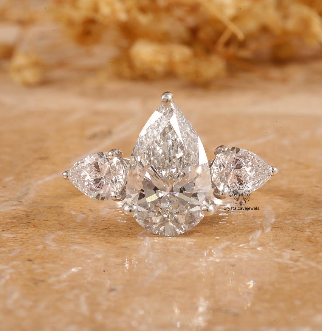 3 CT Pear Cut Moissanite Three Stone Engagement Ring,14k Gold Pear ...