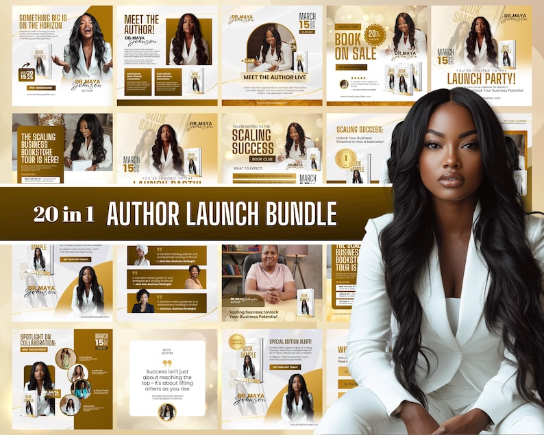 Gold 20-in-1 Editable Author Launch Bundle | Customizable Canva ...