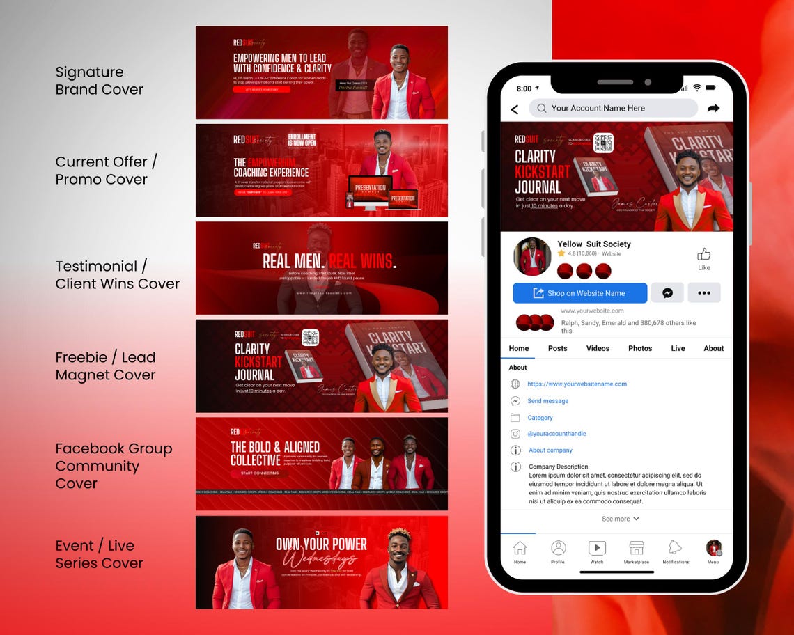 Editable Facebook Banner Templates Red | 6-in-1 Canva Pack for Coaching ...
