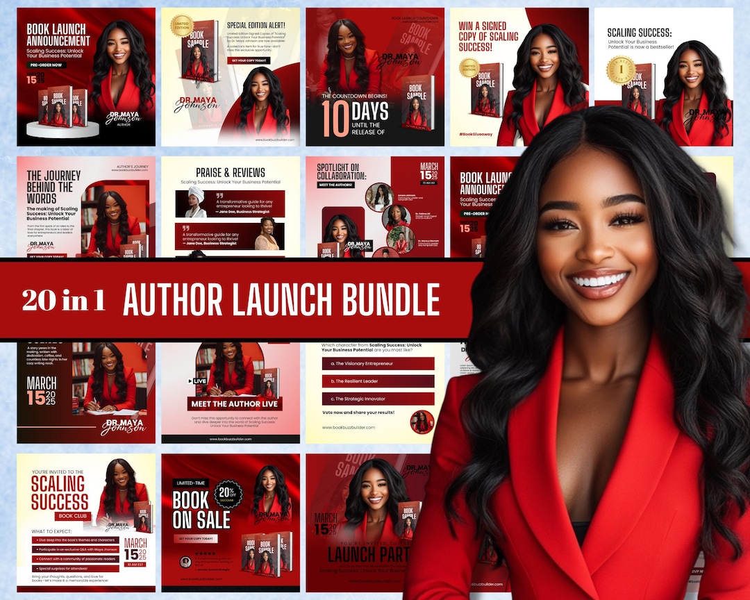 Author Launch Canva Templates: Red & Black Promo Graphics (digital ...