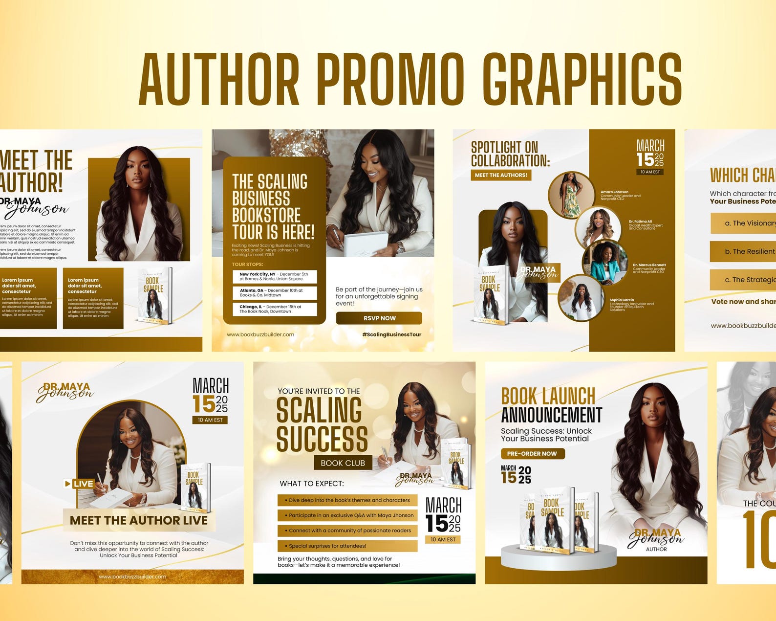 Gold 20-in-1 Editable Author Launch Bundle | Customizable Canva ...