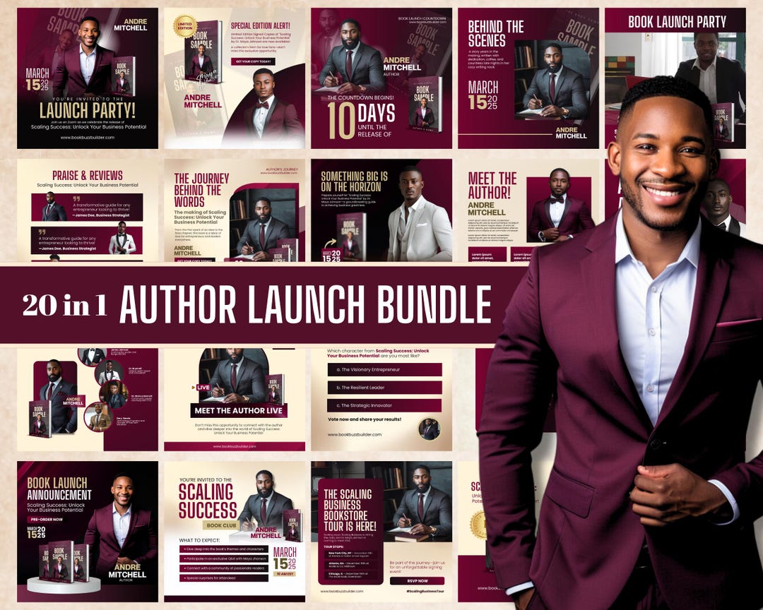 20-in-1 Editable Male Author Launch Bundle | Customizable Canva ...