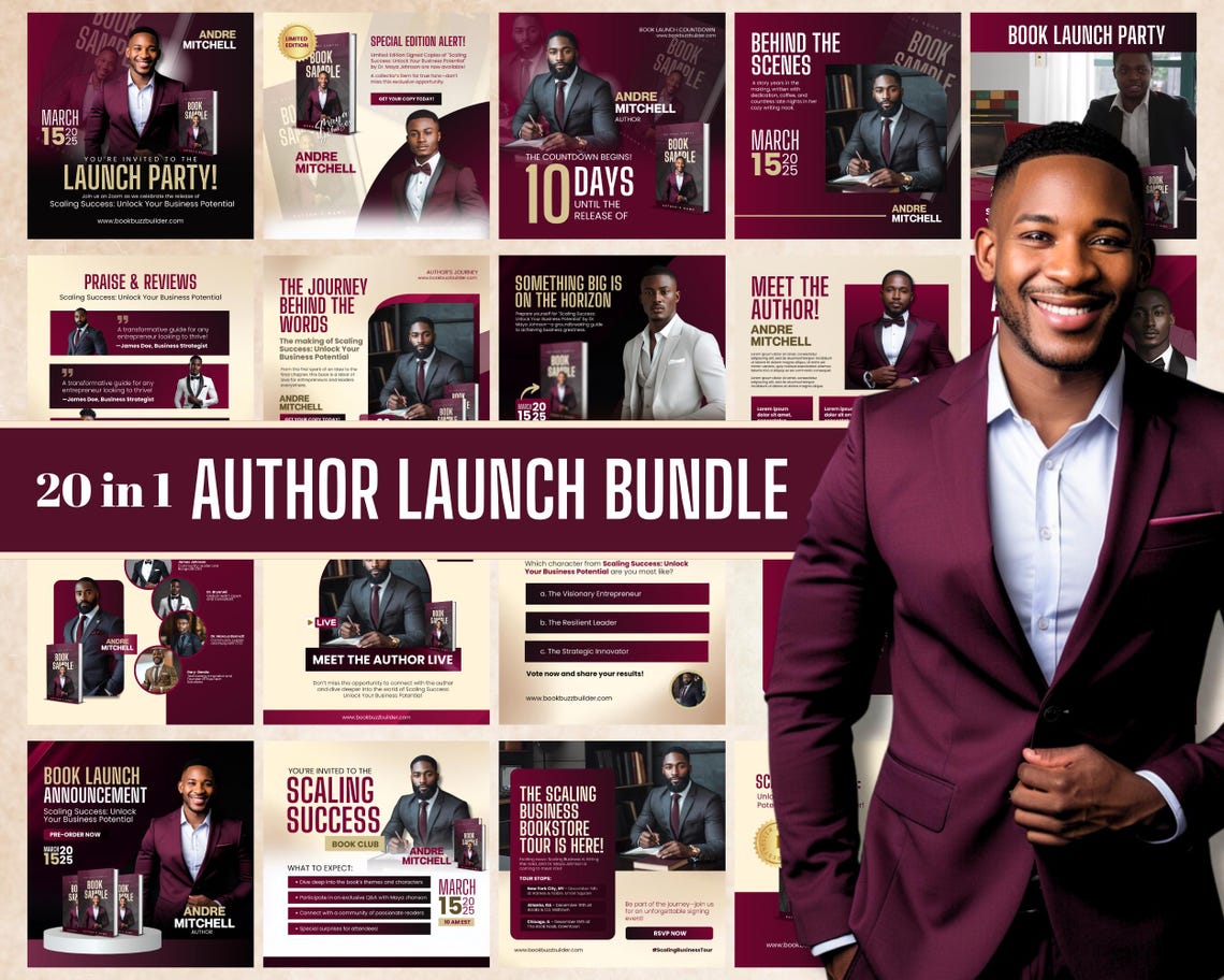 20-in-1 Editable Male Author Launch Bundle | Customizable Canva ...