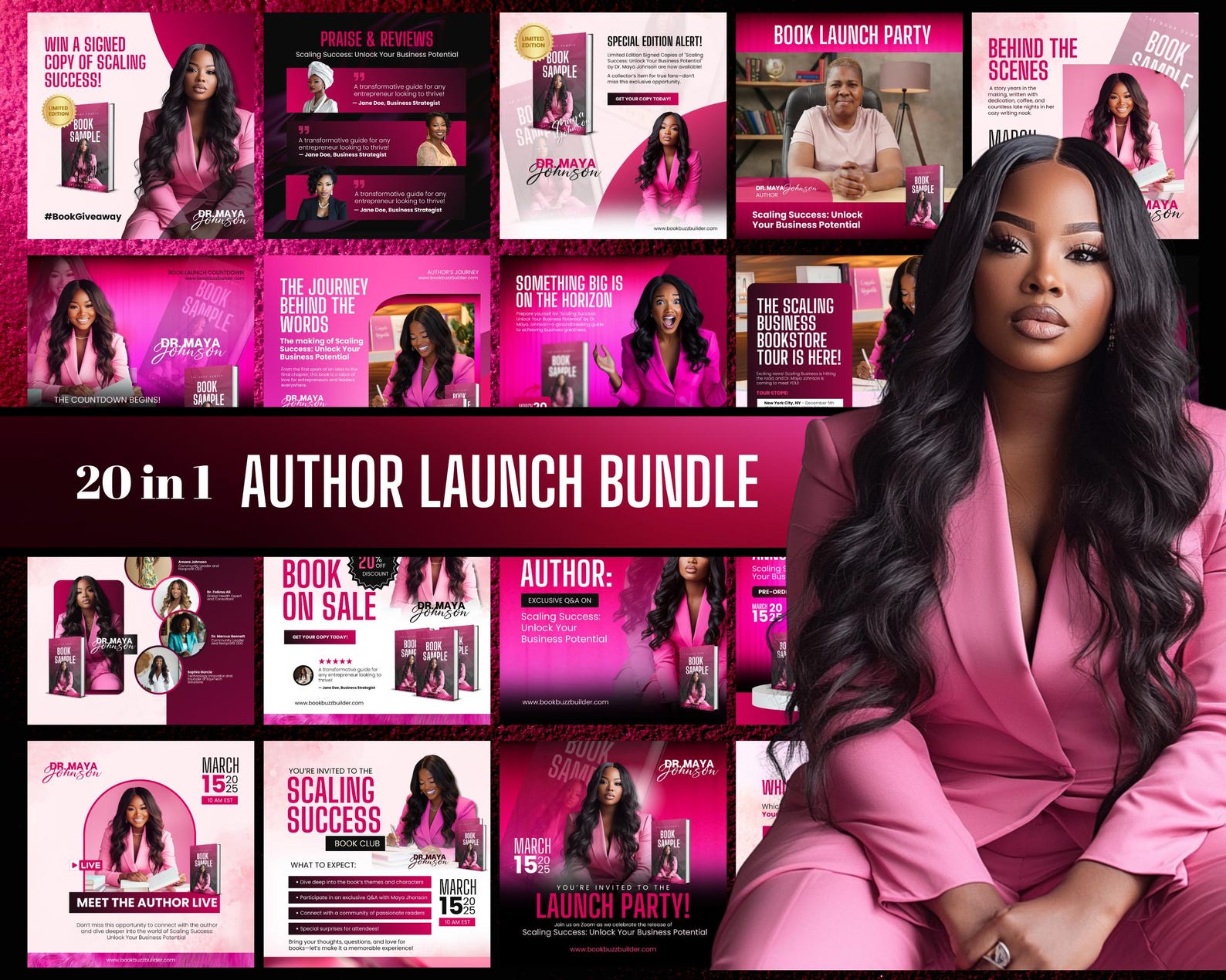 Pink 20-in-1 Editable Author Launch Bundle | Customizable Canva ...
