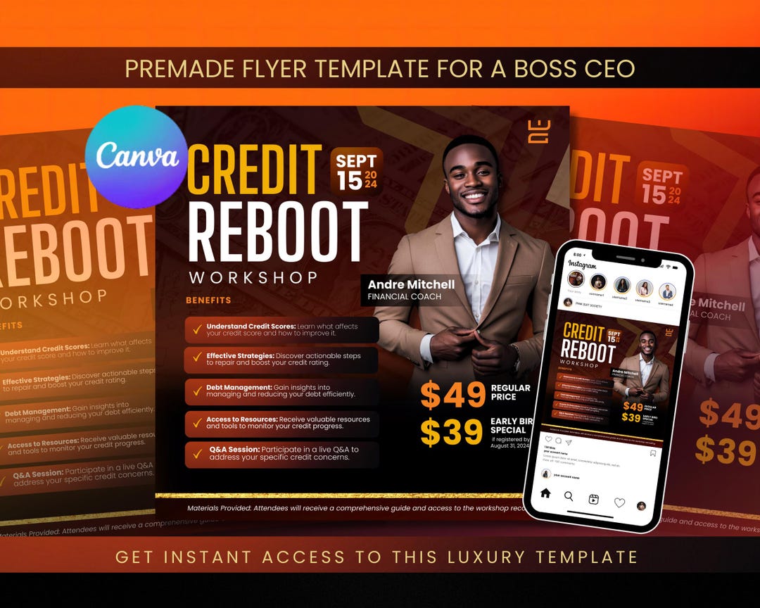 Credit Reboot Workshop Flyer: Orange & Black Canva Template - Etsy