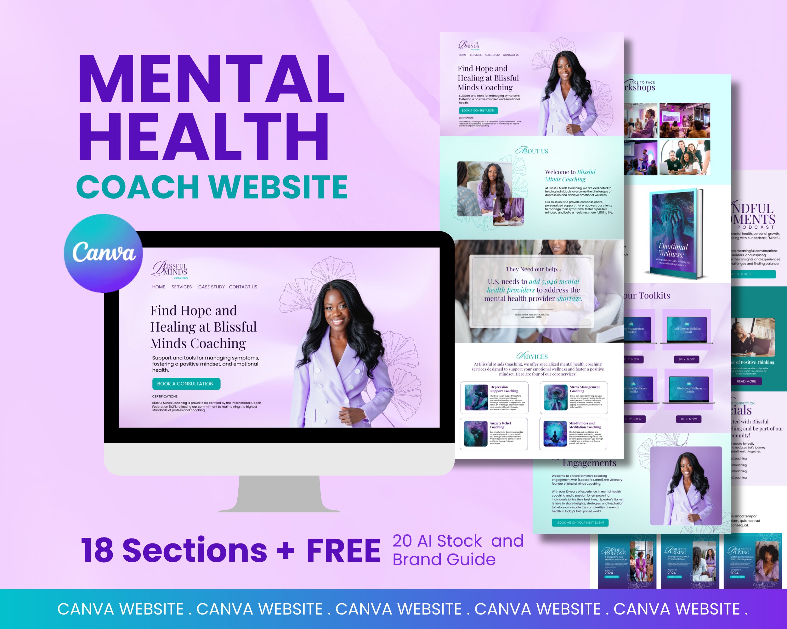 Mental Health Coach Canva Website Template: Custom Design & Brand Guide ...