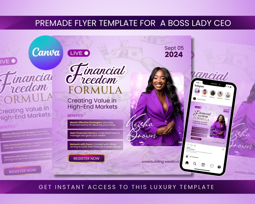 Financial Freedom Course Flyer Template: Violet & Gold DIY Design - Etsy
