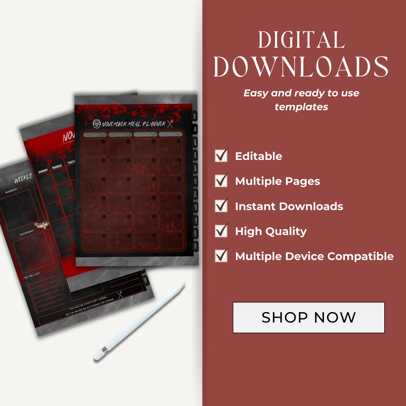 Horror Movie Planner, Printable Yearly, Weekly, Monthly (instant ...
