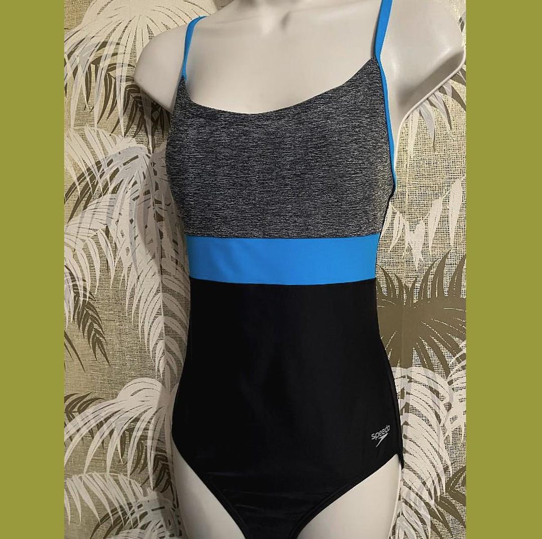 Vintage Speedo Swimsuit Sz 10 Black Gray and Turquoise Blue Padded - Etsy