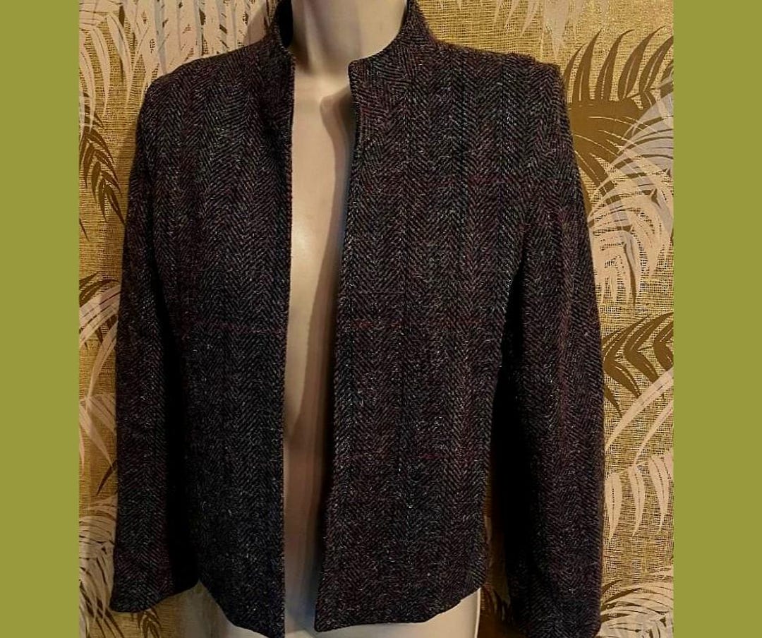 80s Vintage Michelle Stuart Wool Tweed High Neck Blazer Jacket Size 6 8 ...