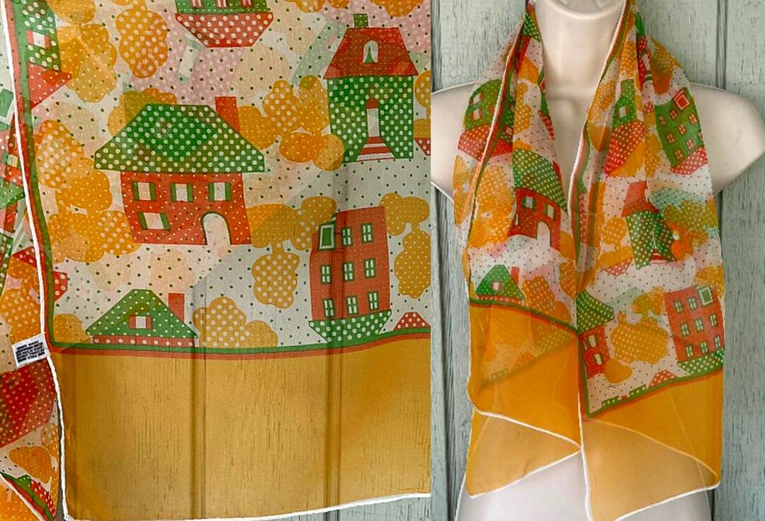 Vintage 60s Mod Op Art Scarf of Houses and Polka Dots ~ Sheer Vinal ...
