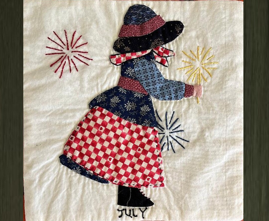 Vintage Quilt Patchwork Applique'd JULY Embroidered Block Dutch Girl ...