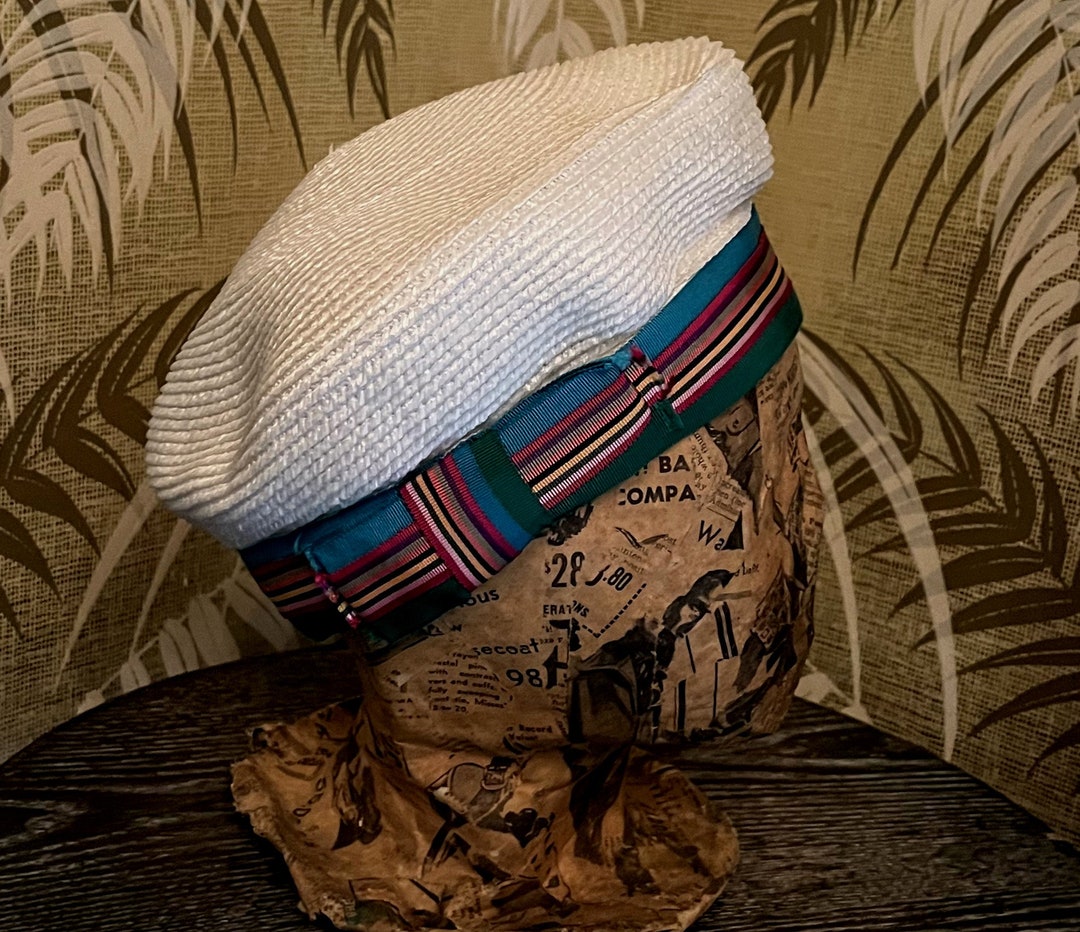 60s Vintage I. Magnin White Straw Pill Box Beret Hat Rainbow Striped ...
