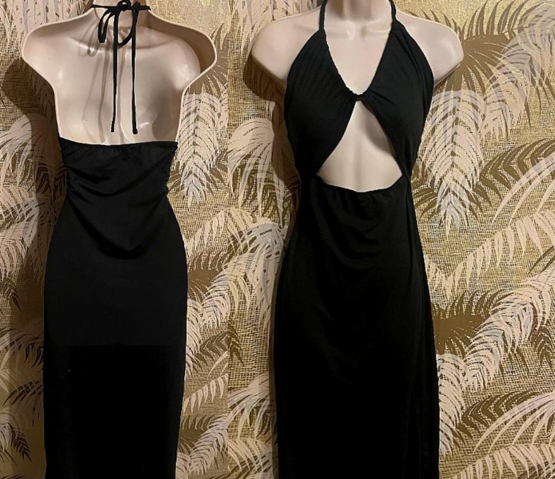 Black Bare Midriff Halter Stretch Knit A-line Dress / Cut Out ~ Size ...