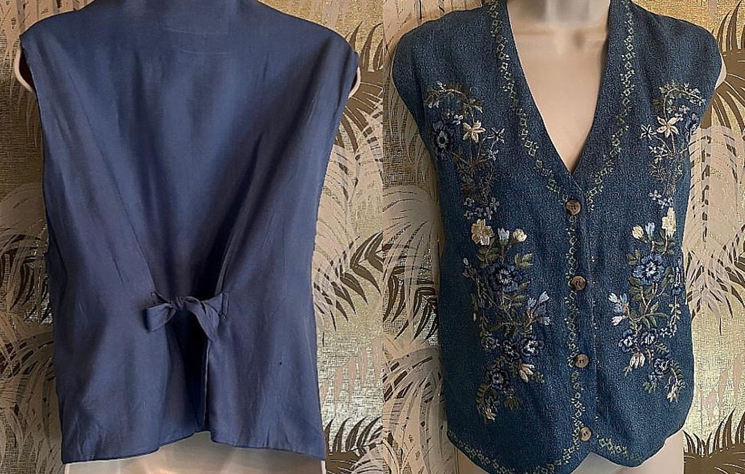 VTG 90s AGAPO Collection Embroidered Denim Waistcoat Tie-back Vest Top ...