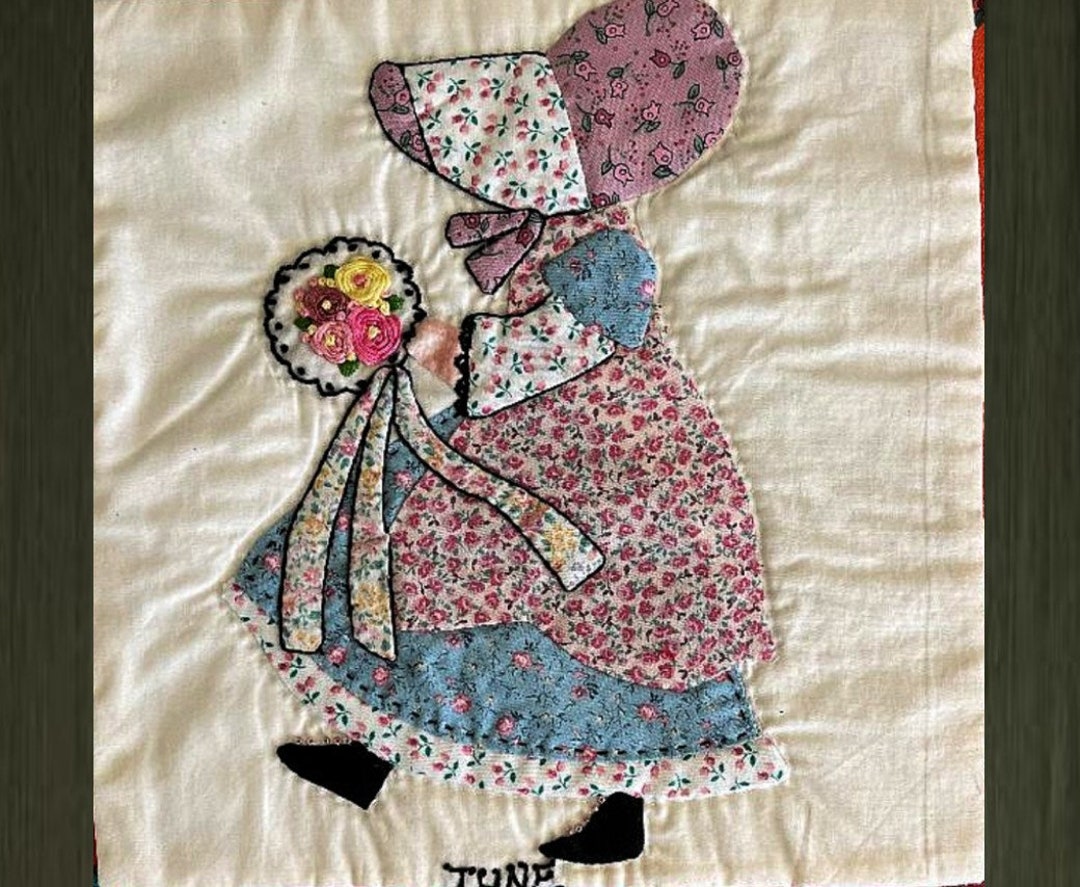 Vintage Quilt Patchwork Applique'd JUNE Embroidered Block Dutch Girl ...