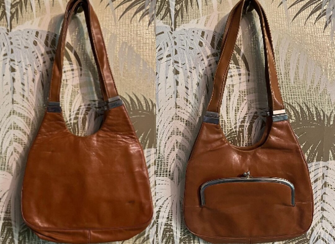 1960s Vintage Shoulder Bag Kiss Lock Pocket Faux Leather Caramel Brown ...