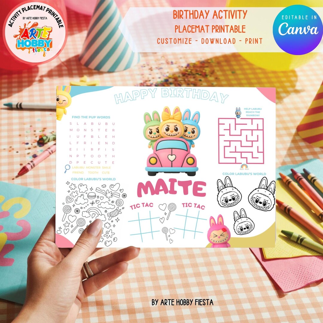 Labubu Activity Placemat – Editable Canva Template – Coloring Page ...