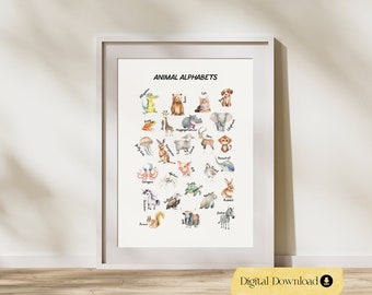 Alphabet Watercolor Print, Wall Art, Nursery Decor, Animal ABC Poster ...