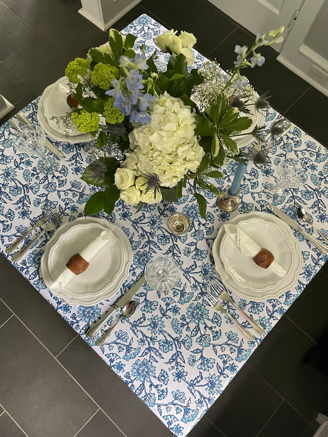 Blue Toile Tablecloth, Floral Table Cover, Baby Boy Tablecloth, Summer ...