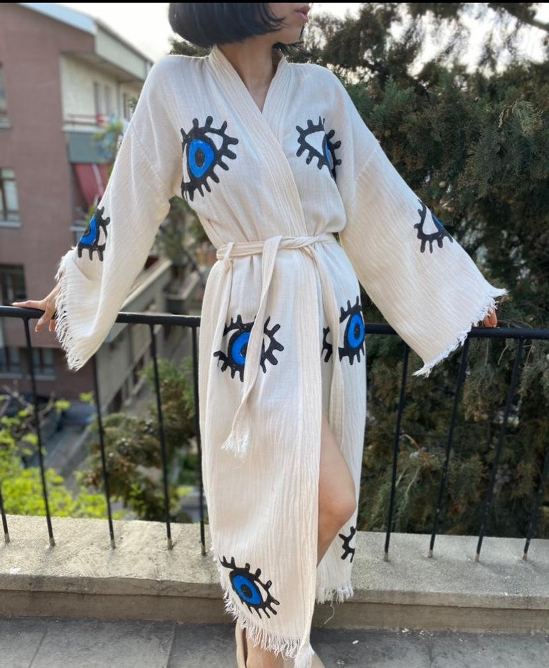 Evil Eye Kimono,turkish Towel,boho Kimono,organic Cotton Robes,spa Robe ...