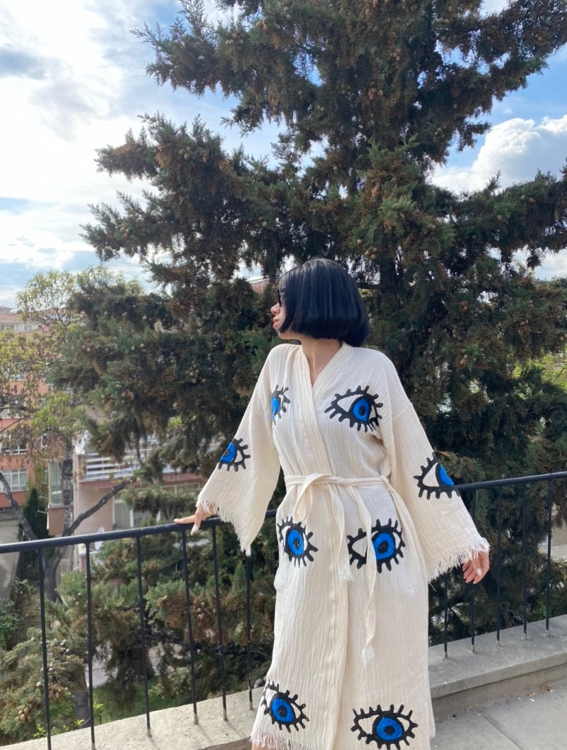 Evil Eye Kimono,turkish Towel,boho Kimono,organic Cotton Robes,spa Robe ...