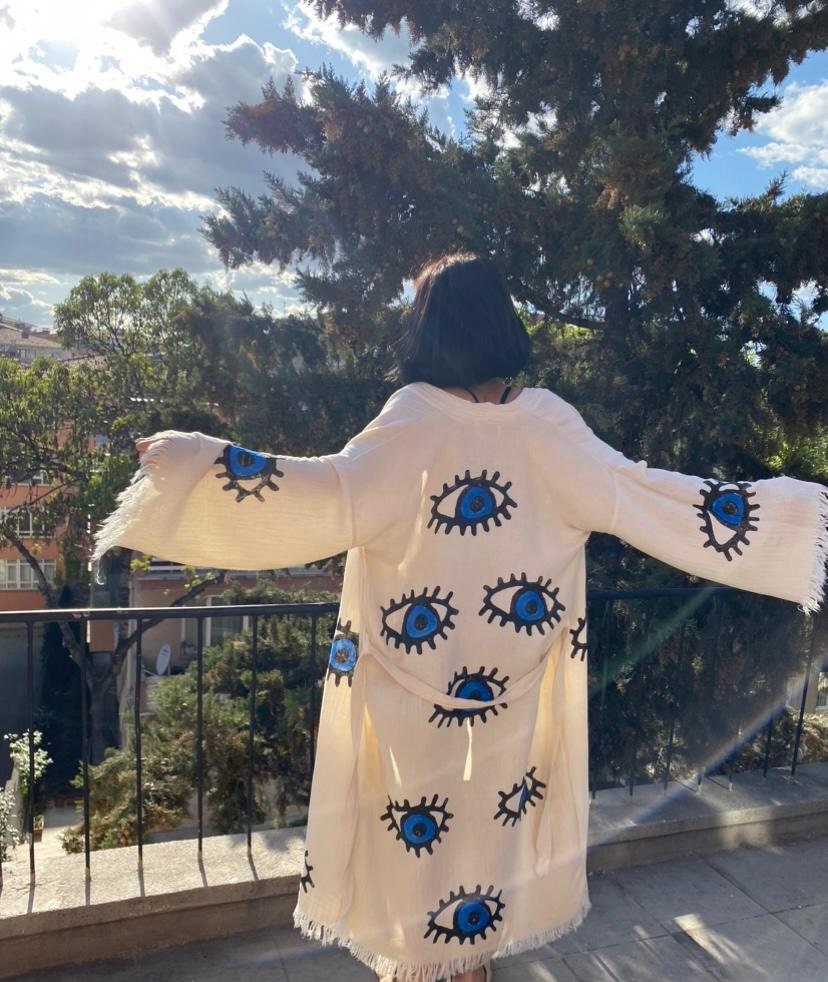 Evil Eye Kimono,turkish Towel,boho Kimono,organic Cotton Robes,spa Robe ...