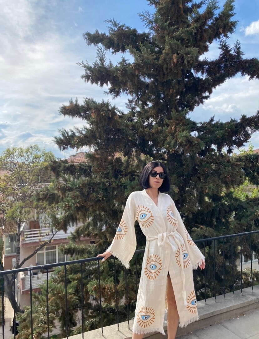 Evil Eye Organic Cotton Robe, Turkish Woman Bathrobe,turkish Towels,spa ...