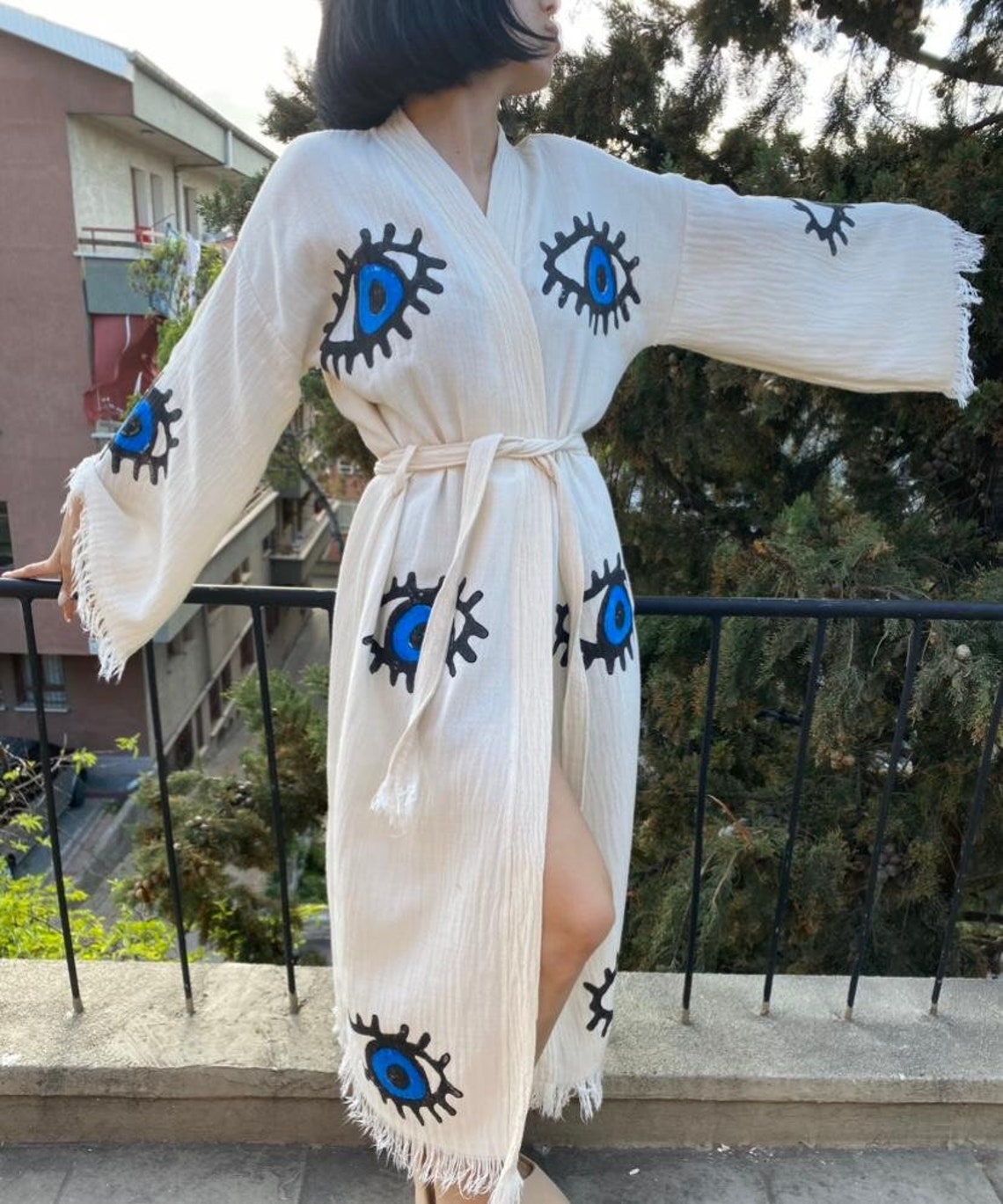 Evil Eye Kimono,turkish Towel,boho Kimono,organic Cotton Robes,spa Robe ...