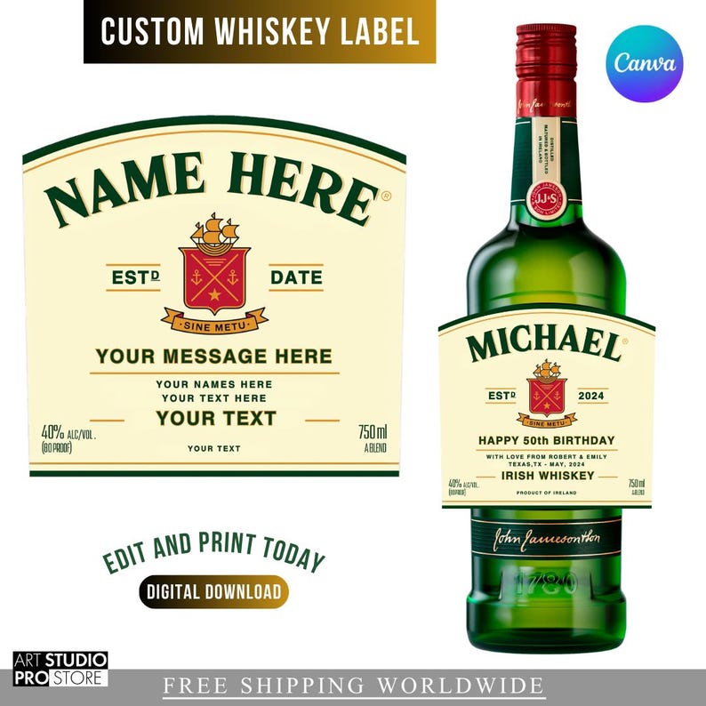 Personalized Whiskey Label: Custom Printable Gift (canva, Digital ...