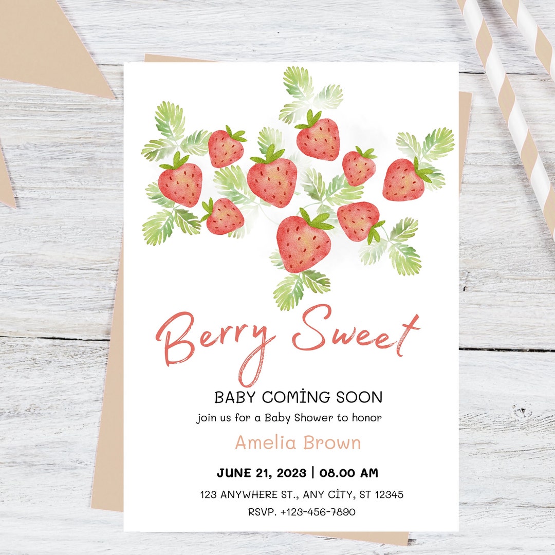 Editable Red Strawberry Baby Shower Invitation Floral Strawberry Baby ...