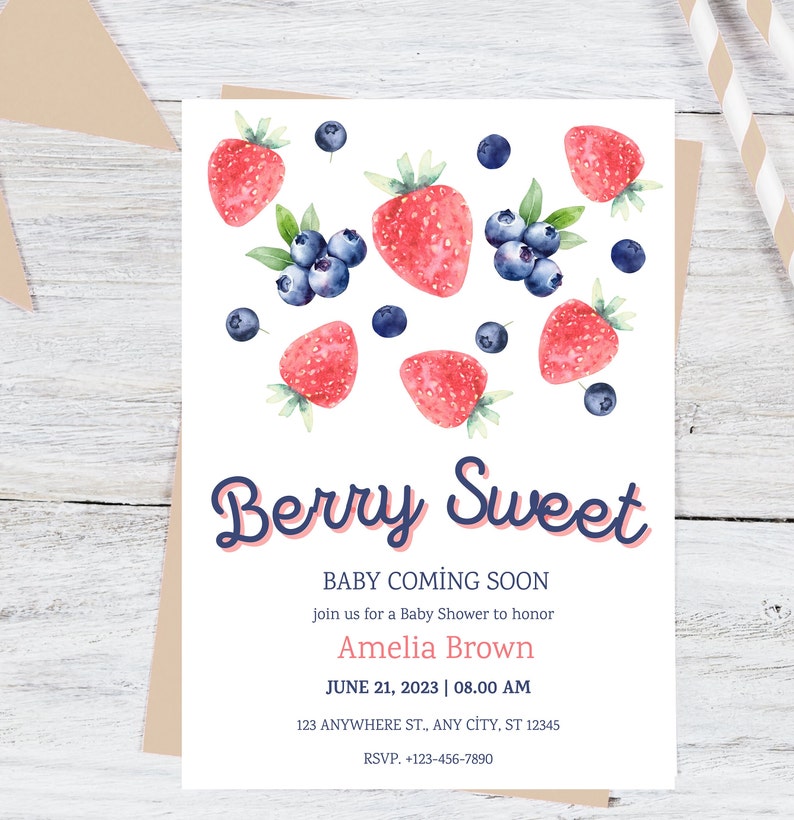 Editable Berry Sweet Birthday Invitation Blueberry Strawberry Picking ...