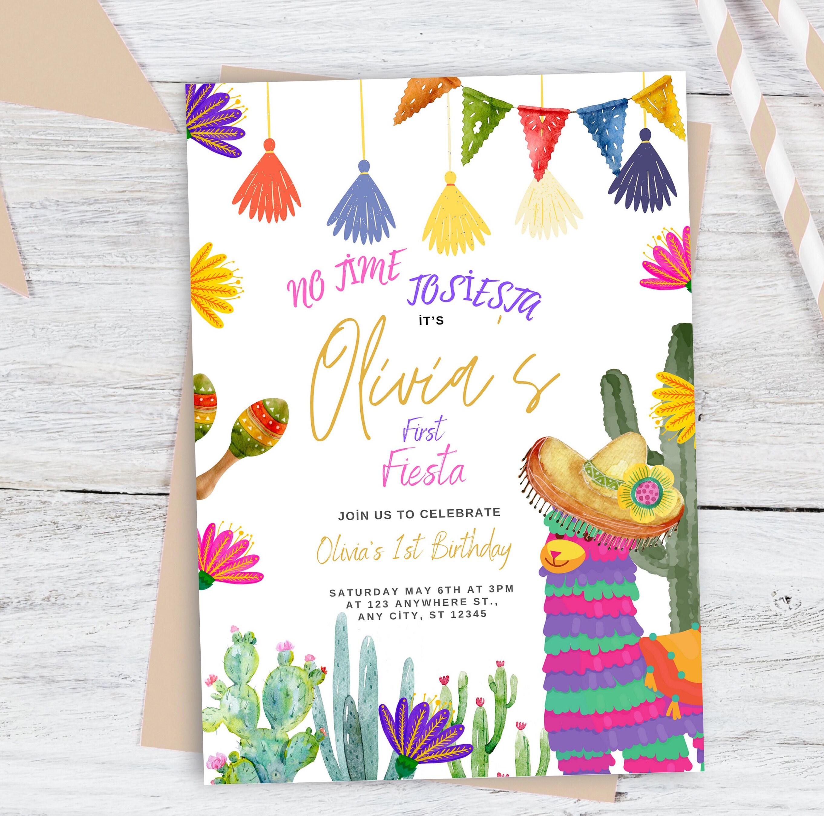 Editable First Fiesta Birthday Invitation Let's Fiesta Siesta Cactus ...