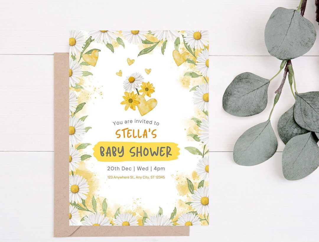 Editable Baby Shower Invitation, Daisy Baby Shower Invitations, Canva ...