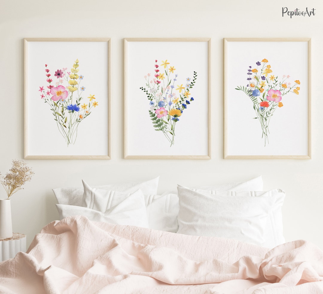 Watercolor Botanical Wall Art Set of 3, Wildflower Print Set, Flower ...