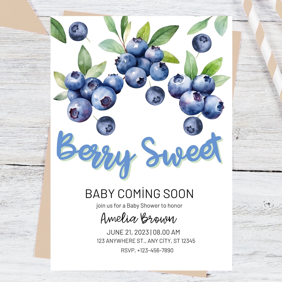 Editable Blueberry Baby Shower Invitation Floral Strawberry Baby Shower ...
