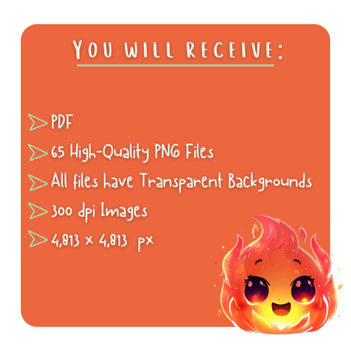Fire Clipart Bundle of 65, Cute Kawaii Fire Png, Flame Clipart Bundle ...