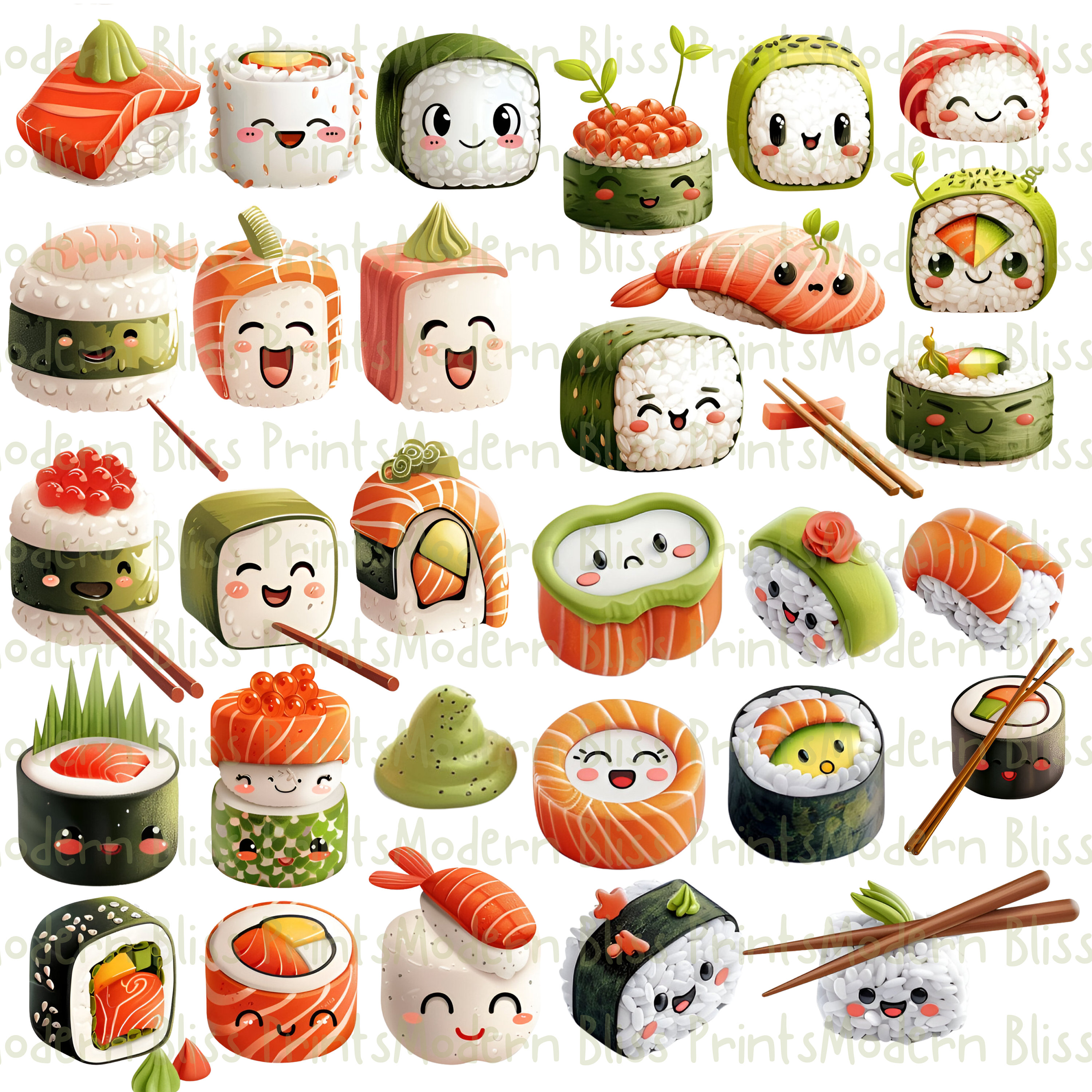 Kawaii Sushi Clip Art Bundle of 103 PNG, Cute Japanese Food Clipart ...