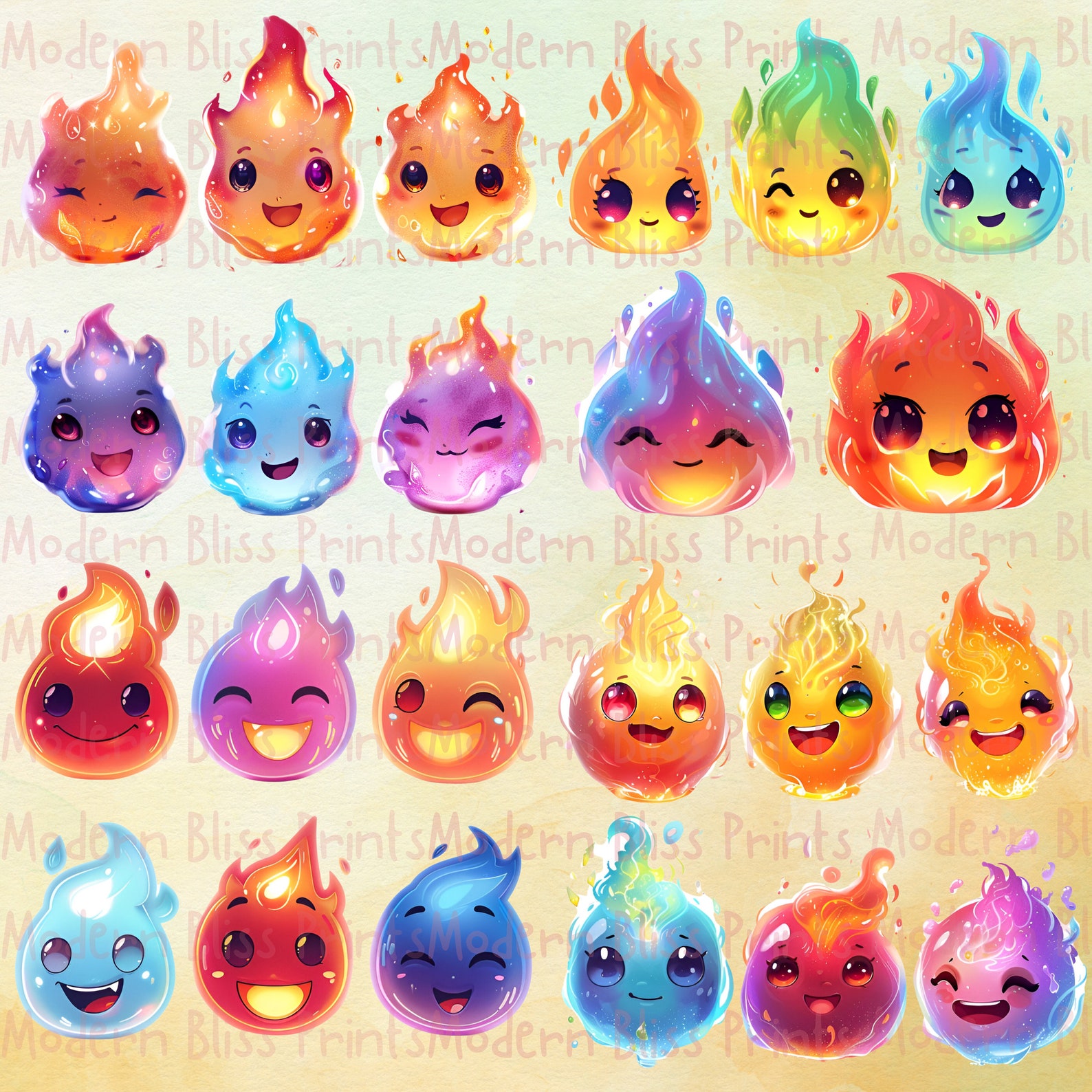 Fire Clipart Bundle of 65, Cute Kawaii Fire Png, Flame Clipart Bundle ...