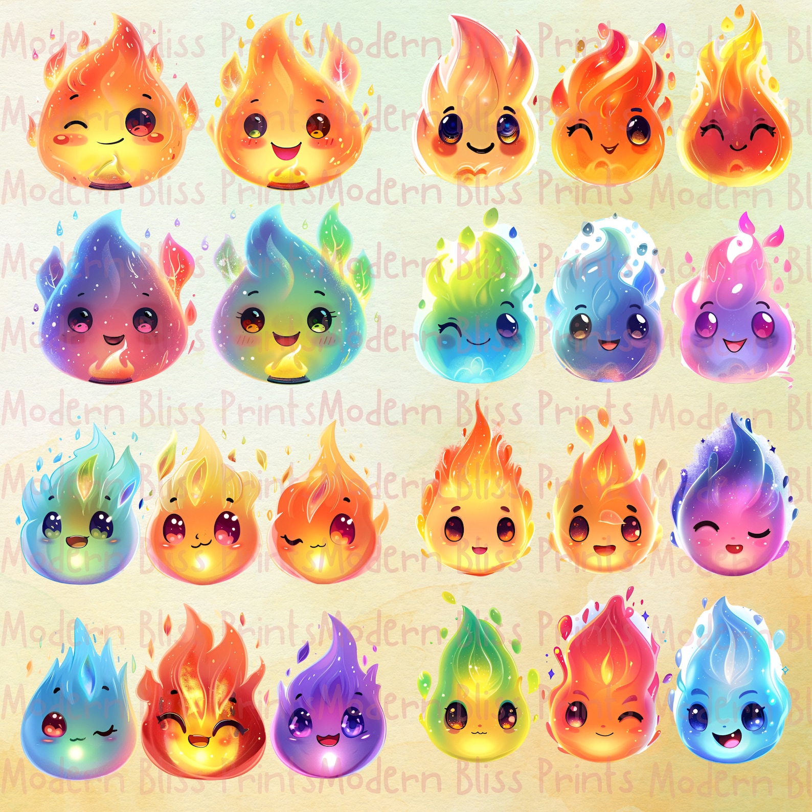 Fire Clipart Bundle of 65, Cute Kawaii Fire Png, Flame Clipart Bundle ...