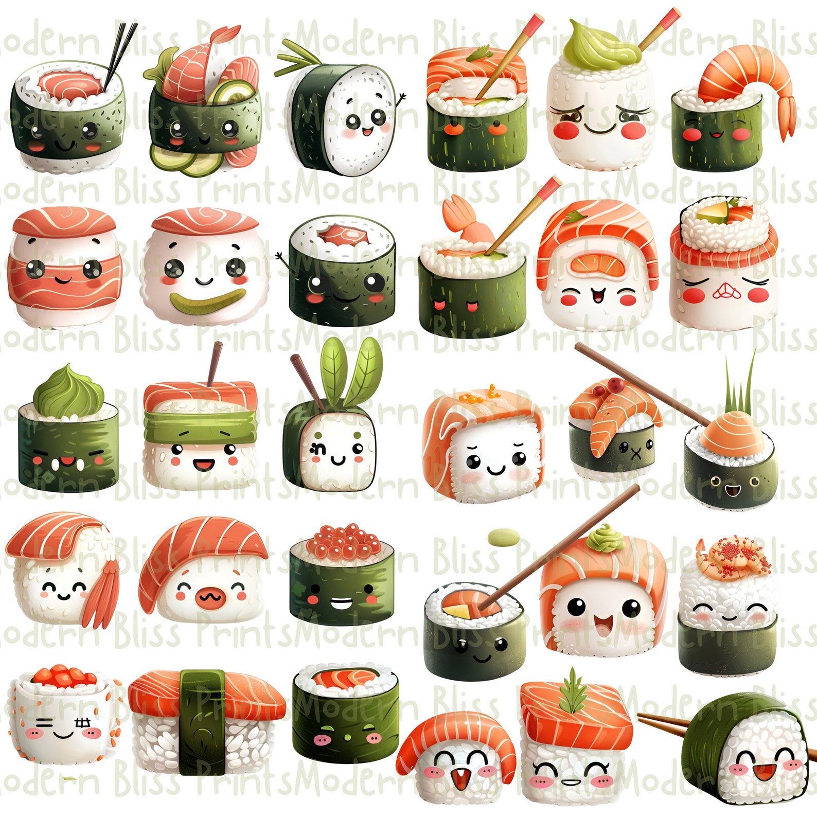 Kawaii Sushi Clip Art Bundle of 103 PNG, Cute Japanese Food Clipart ...