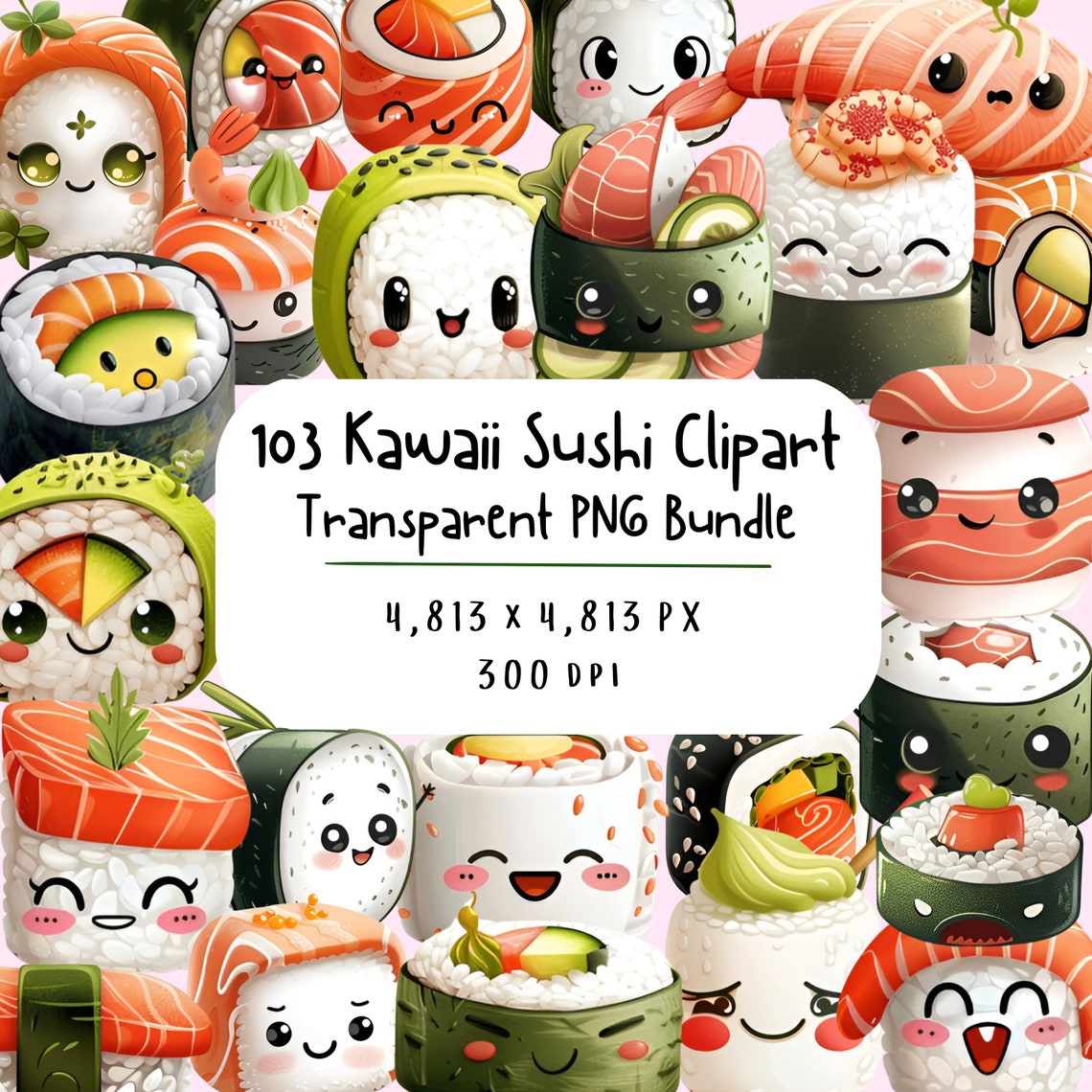 Kawaii Sushi Clip Art Bundle of 103 PNG, Cute Japanese Food Clipart ...