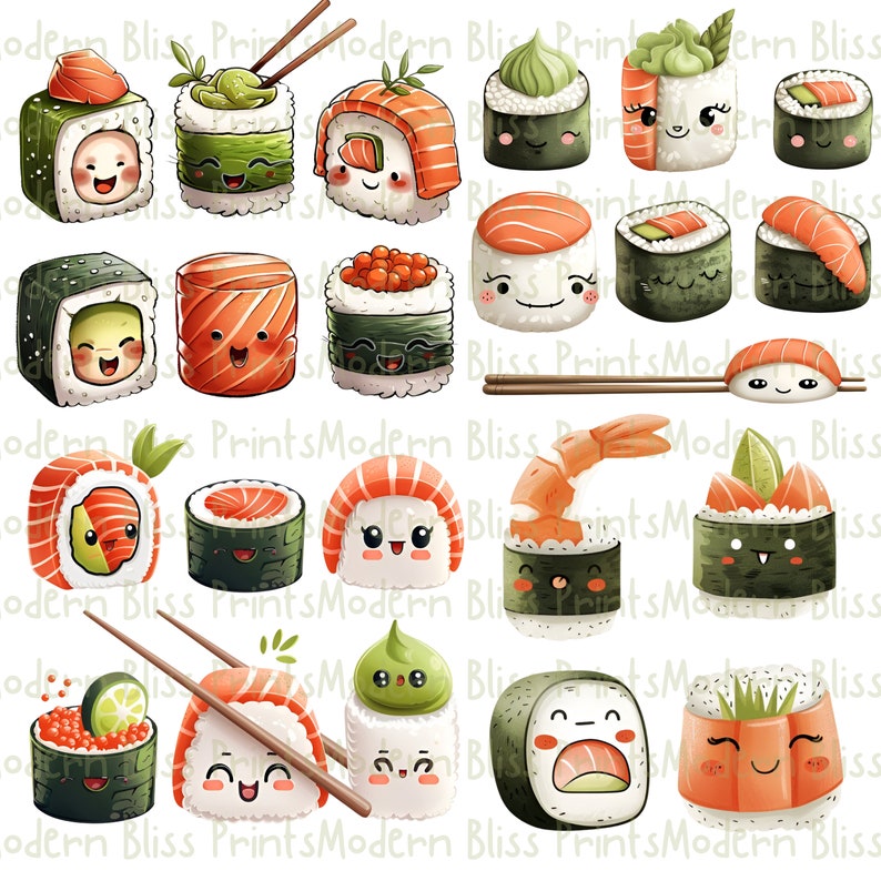 Kawaii Sushi Clip Art Bundle of 103 PNG, Cute Japanese Food Clipart ...