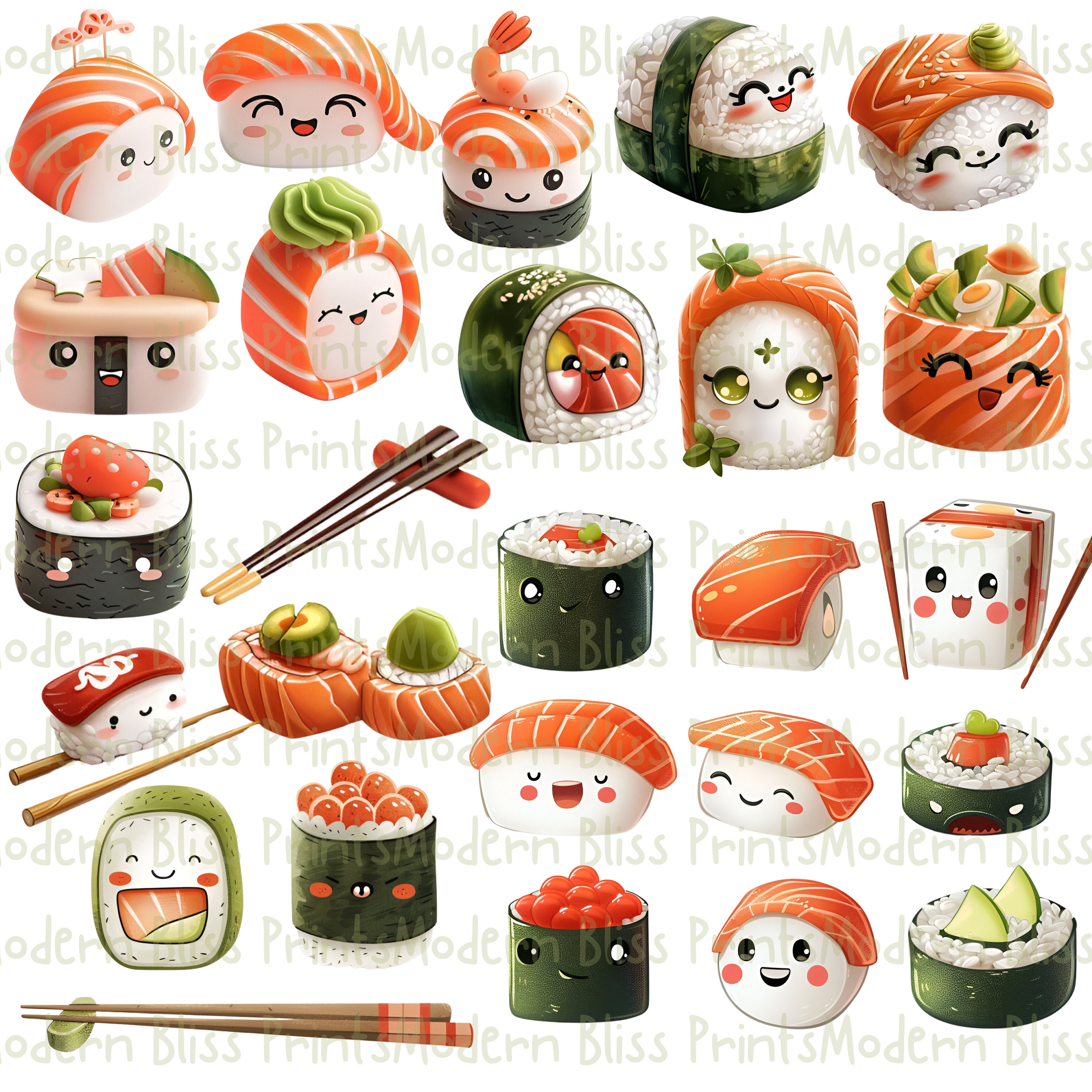 Kawaii Sushi Clip Art Bundle of 103 PNG, Cute Japanese Food Clipart ...
