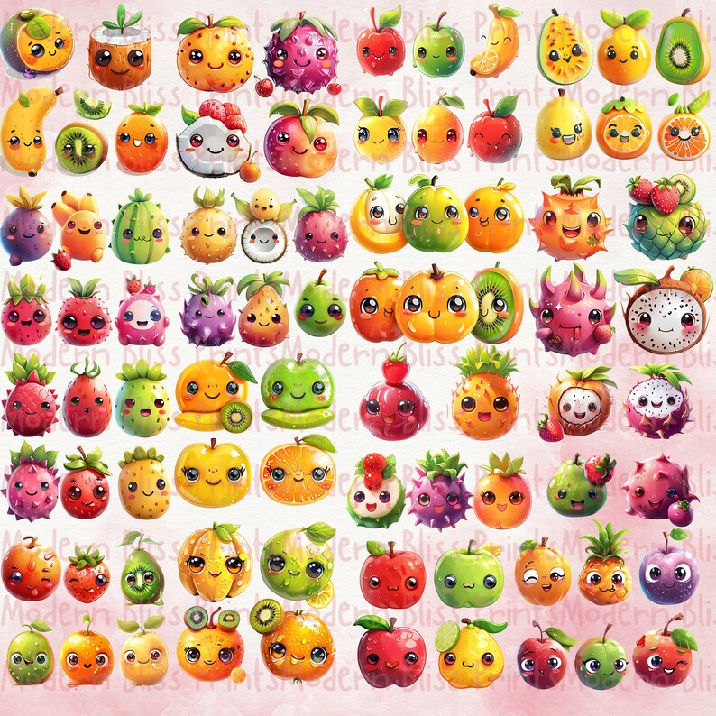 Kawaii Fruit Clipart Bundle, Fruit PNG Bundle of 242, Kawaii Fruit ...