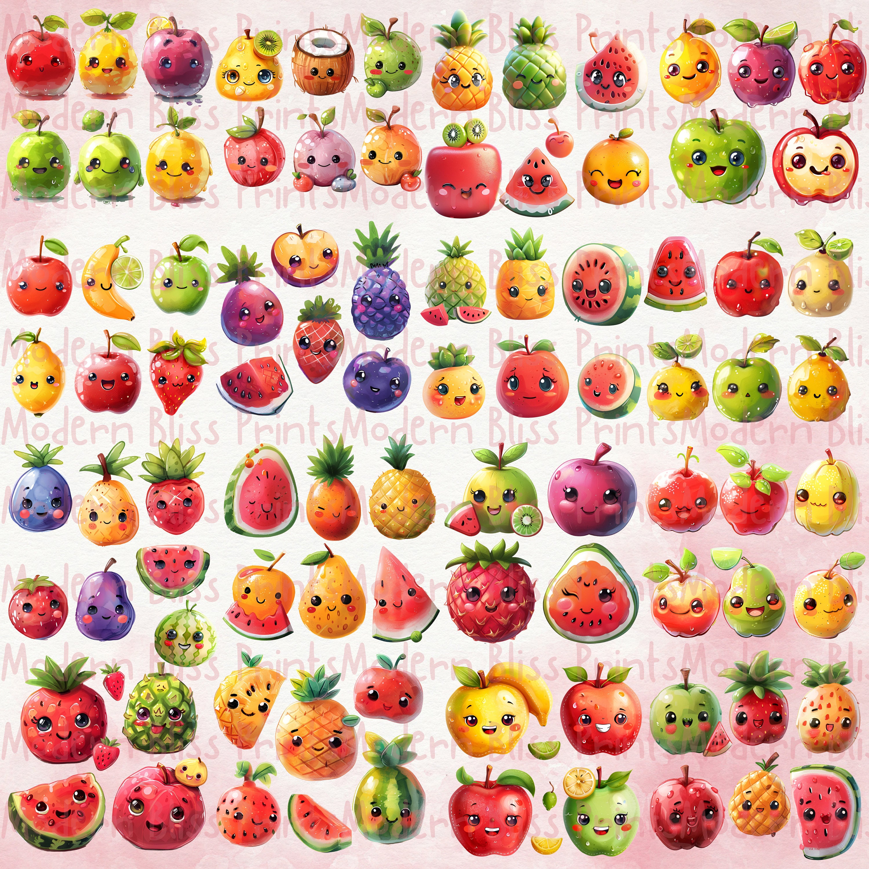 Kawaii Fruit Clipart Bundle, Fruit PNG Bundle of 242, Kawaii Fruit ...