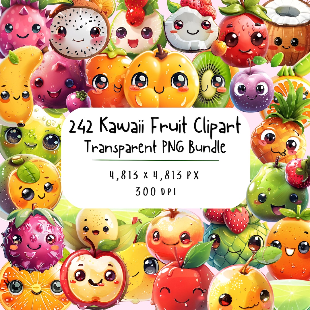 Kawaii Fruit Clipart Bundle, Fruit PNG Bundle of 242, Kawaii Fruit ...