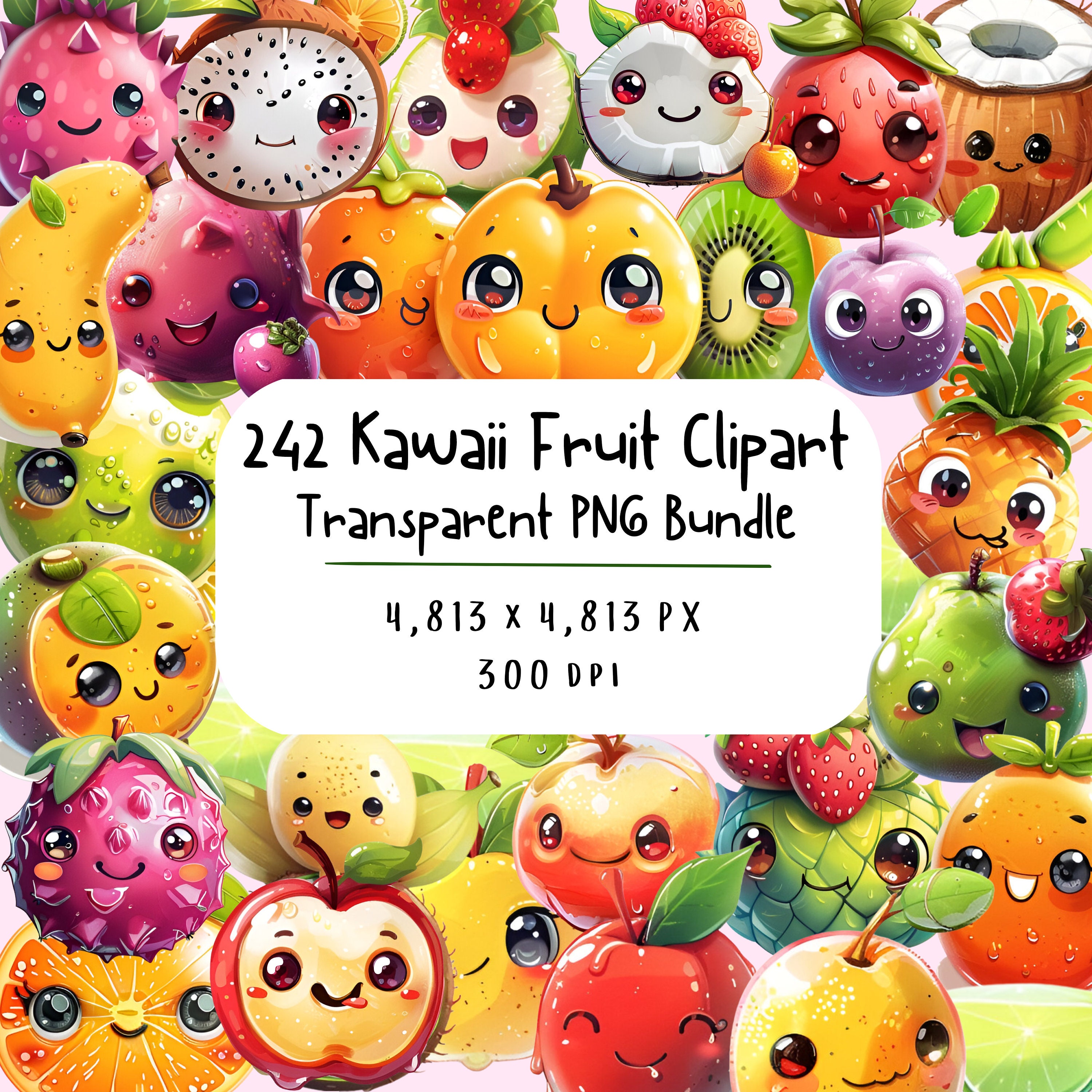 Kawaii Fruit Clipart Bundle, Fruit PNG Bundle of 242, Kawaii Fruit ...