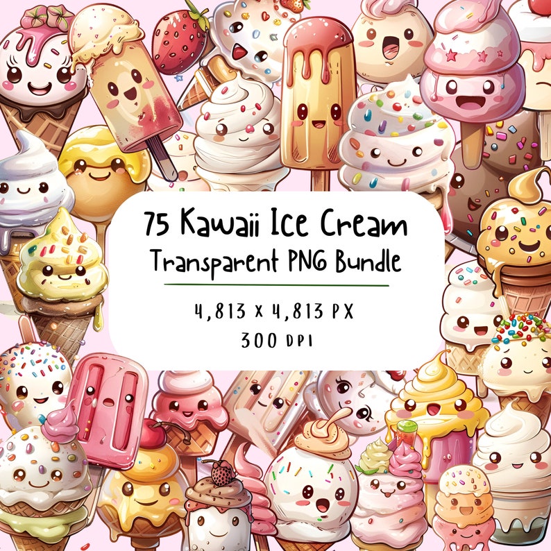 Kawaii Dessert Clipart Bundle of 75 PNG | Kawaii Cute Food | Icecream ...