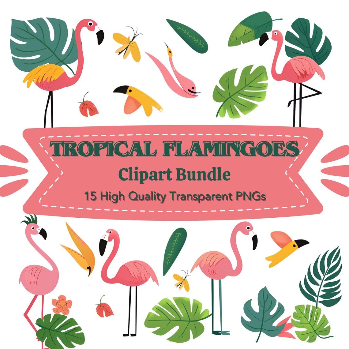 Cute Tropical Pink Flamingo Clipart Bundle, 15 Floral Tropical Birds ...